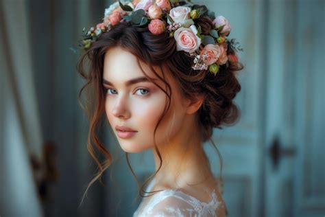 Premium Photo Girl Bride Brunette With Bridal Wedding Hairstyle With
