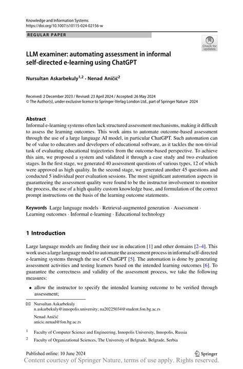 Llm Examiner Automating Assessment In Informal Self Directed E Learning Using Chatgpt Request Pdf