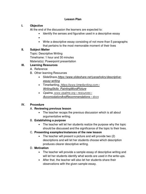 Lesson Plan Decriptive Writing Pdf Essays Lesson Plan