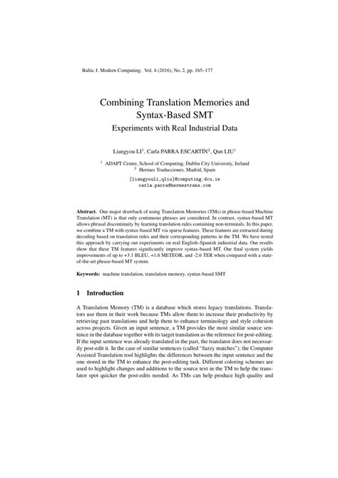 Pdf Combining Translation Memories And Syntax Based Smt Experiments