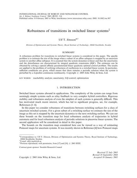 Pdf Robustness Of Transitions In Switched Linear Systems Dokumentips