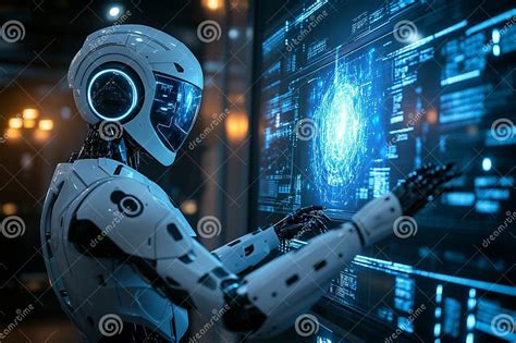 Humanoid Robot Interacting With Holographic Interface Ai Generated Stock Illustration