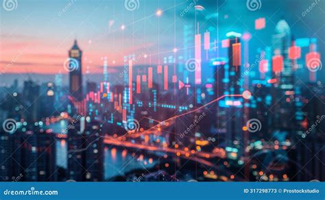 Dusk Over City Skyline With Digital Financial Graph Overlay Stock Image