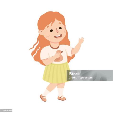 어린 소녀가 서서 친절한 의사 소통 벡터 일러스트레이션에 종사하는 누군가와 이야기 말하기에 대한 스톡 벡터 아트 및 기타 이미지