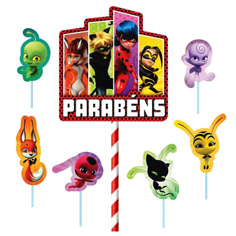 Topo de Bolo Topper Ladybug Parabéns 7 Itens Apollo Festas