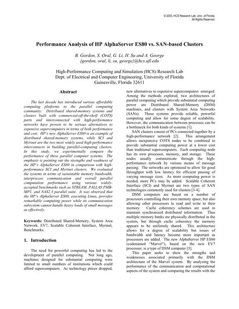 Pdf Performance Analysis Of Hp Alphaserver Es80 Vs San Based Clusters
