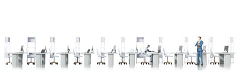 단 하나의 로봇이 작동하는 빈 큰 현대 사무실의 와이드 그림입니다 인간 대 로봇 개념 3d 렌더링 그림 사람들에 대한 스톡 사진 및 기타 이미지 Istock