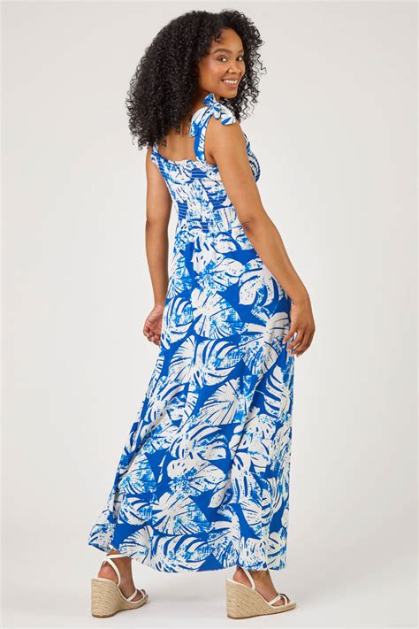 Petite Tropical Print Shirred Maxi Dress In Blue Roman Uk