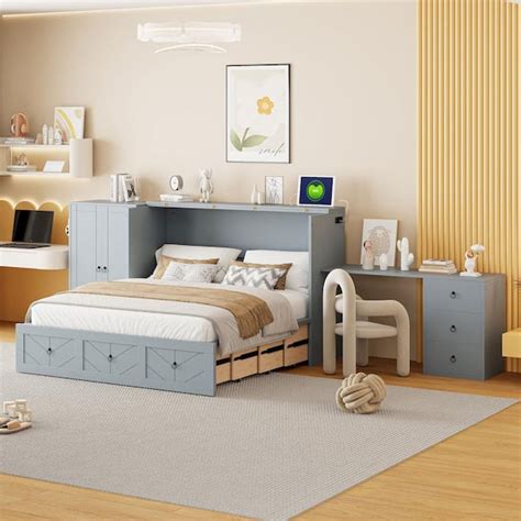 Harper And Bright Designs Gray Wood Frame Queen Size Murphy Bed With Desk