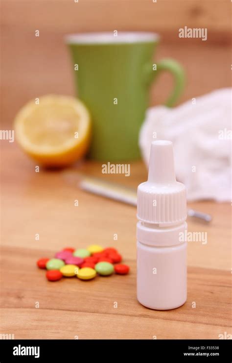 Pills And Nose Drops For Colds Used Handkerchiefs And Hot Tea With
