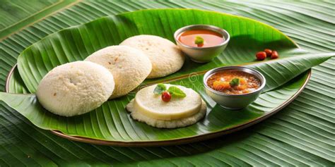 South Indian Breakfast Idli Sambar And Chutney Served In Banana Leaf