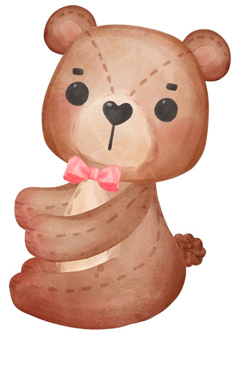 Cute Valentine Brown Teddy Bear With Red Bow Watercolour Hand Drawing