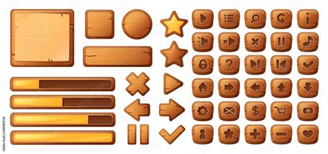 Wooden Buttons For Game User Interface User Interface Elements Isolated On White Background