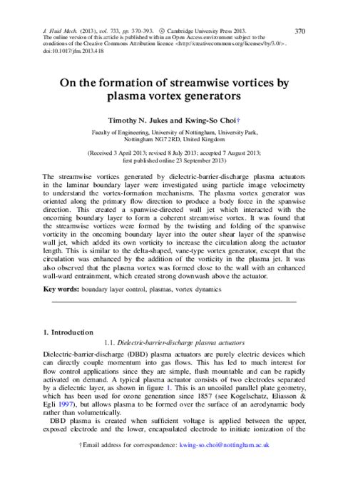 Pdf On The Formation Of Streamwise Vortices By Plasma Vortex Generators