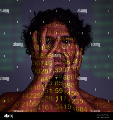 Portrait Beauty And Code For Facial Recognition Genetic Splicing Or Ai Technology With A Man