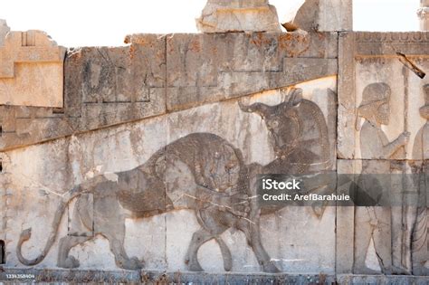 페르세폴리스 유네스코 세계문화유산으로 지정된 아바다나 유적지와 타샤라 궁전의 유적은 이란의 시라즈 시의 흐린 푸른 하늘에 맞서 고지대에 있습니다 0명에 대한 스톡 사진 및