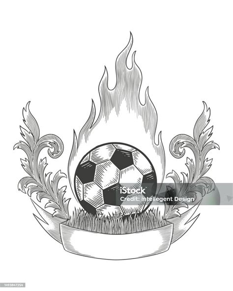 화염과 깃발이 있는 축구공 빈티지 조각 그림 일러스트레이션 스타일 Championship에 대한 스톡 벡터 아트 및 기타 이미지