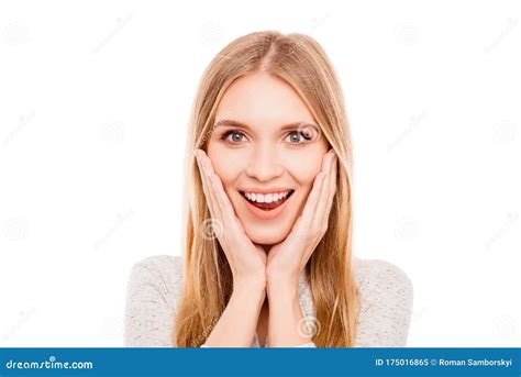 Surprised Pretty Young Woman Holding Hands Near Face Stock Image