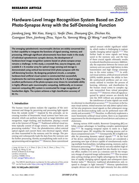 Hardware‐level Image Recognition System Based On Zno Photo‐synapse