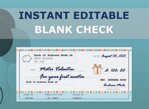 INSTANT EDITABLE And PRINTABLE Blank Check Birthday Gift Celebration