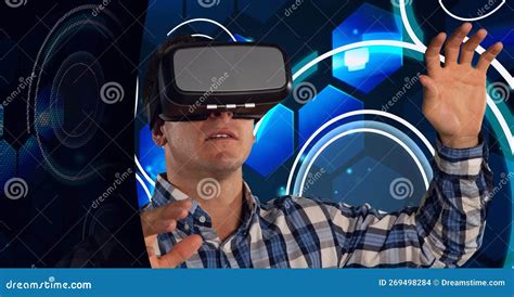 Round Scanners Against Caucasian Man Wearing Vr Headset Against Black