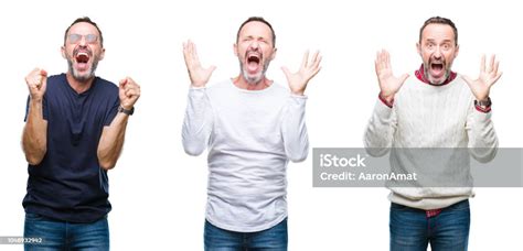 사람의 잘생긴 수석 노인의 서 콜라주 고립 배경 화가 미친 비명 제기 및 닫힌 눈 흥분 하는 무기와 성공을 위한 축 하 우승자