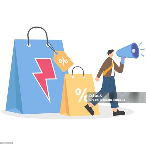 사업가가 확성기를 들고 있습니다 특별 제공 전자 상거래 상점 프로모션 전자 상거래 프로모션 플래시 세일 증명서 또는 할인 쿠폰