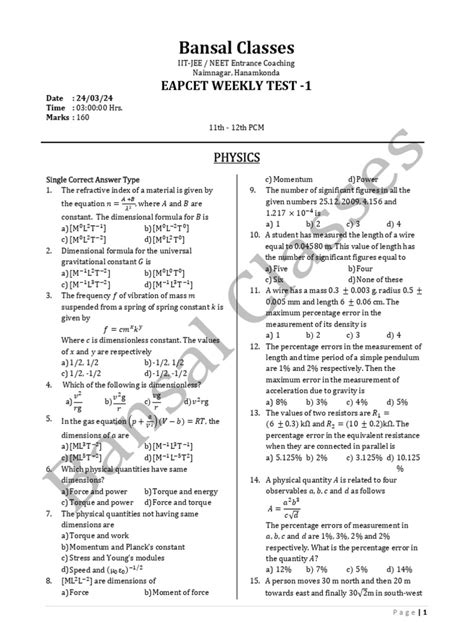 Jee Main Test Series 1 Pdf Physical Sciences Motion Physics