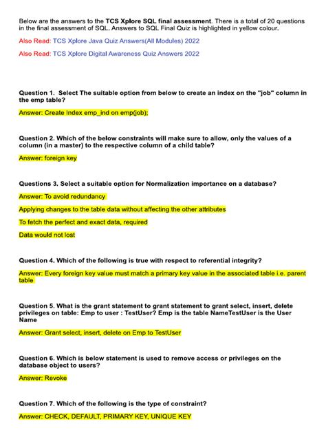 Tcs Xplore Sql Final Assessment Pdf