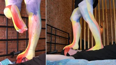 Mistress In Opaque Pantyhose Trampling And Standing On Slave Face