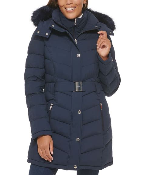 Tommy Hilfiger Womens Belted Faux Fur Trim Hooded Puffer Coat Created