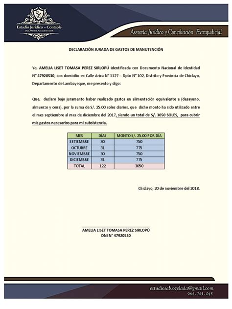 Declaración Jurada De Gastos De Manutención Pdf