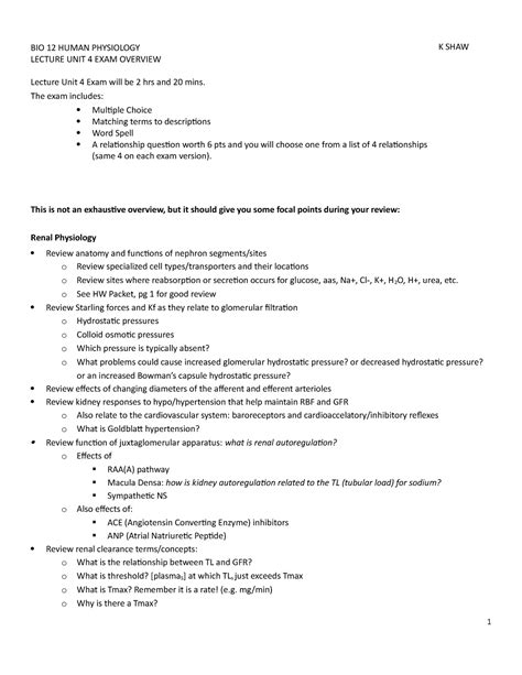 Lecture Unit 4 Exam Overview Bio 12 Human Physiology K Shaw Lecture
