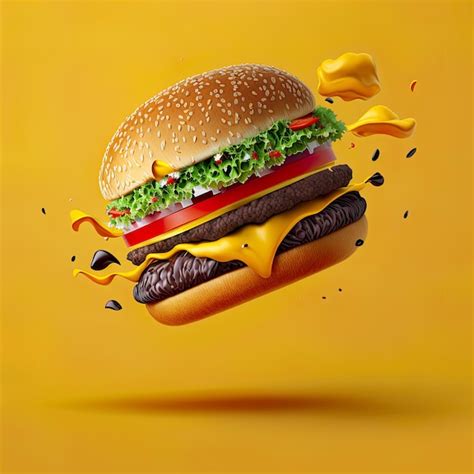 Premium Ai Image A Hamburger Flying On Orange Background