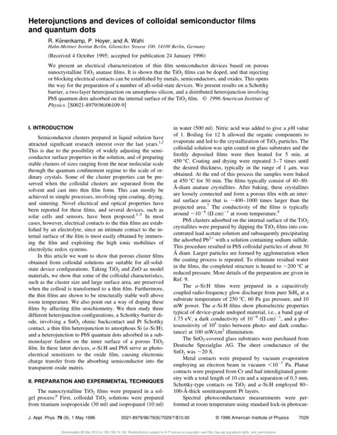 Pdf Heterojunctions And Devices Of Colloidal Semiconductor Films And Quantum Dots