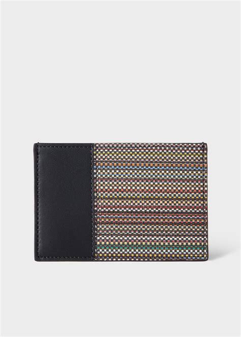 Mens Black Leather Signature Stripe Coated Canvas Credit Card Holder