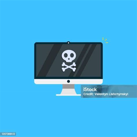 화면 컴퓨터 모니터 Pc에 위험 바이러스 골격 벡터 플랫 기호 데이터에 대한 스톡 벡터 아트 및 기타 이미지 데이터 두개골