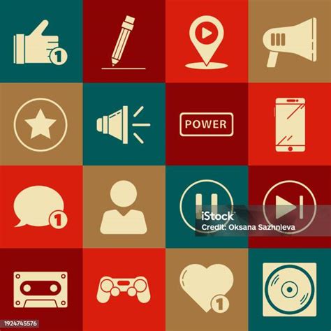 비닐 디스크 빨리 감기 스마트 폰 휴대폰 위치가있는 디지털 미디어 재생 스피커 볼륨 별표 손 모양 및 전원 버튼 아이콘을 설정합니다 벡터 1위에 대한 스톡 벡터 아트 및