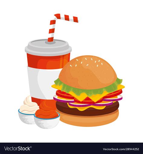 Delicious Burger With Drink Fast Food Icon Vector Image