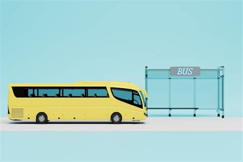 青い背景の 3 D レンダリングでバス停に近づいている黄色の旅客バス プレミアム写真