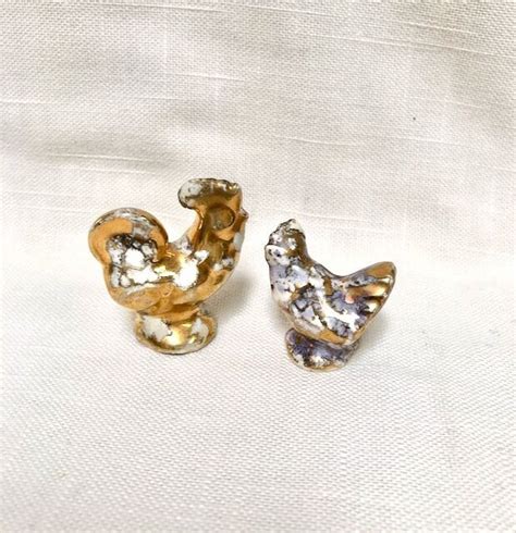 Vintage Miniature Chicken Rooster And Hen Figurines 1950s Gold Crackle