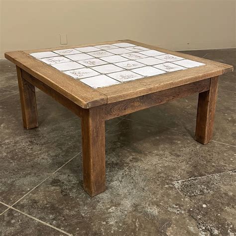 Rustic Antique Oak Coffee Table With Hand Painted Delft Tiles