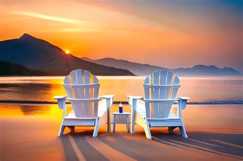Premium Photo Two Adirondack Chairs On A Beach With A Sunset In The