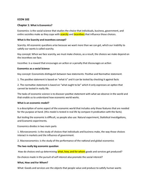 econ 102 chapter 1 and 2 notes econ 102 chapter 1 what is economics economics is the social