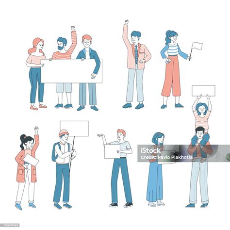 포스터 를 들고 있는 사람들 벡터 만화 일러스트 시위 항의 행동주의 투표 개념 공란에 대한 스톡 벡터 아트 및 기타 이미지