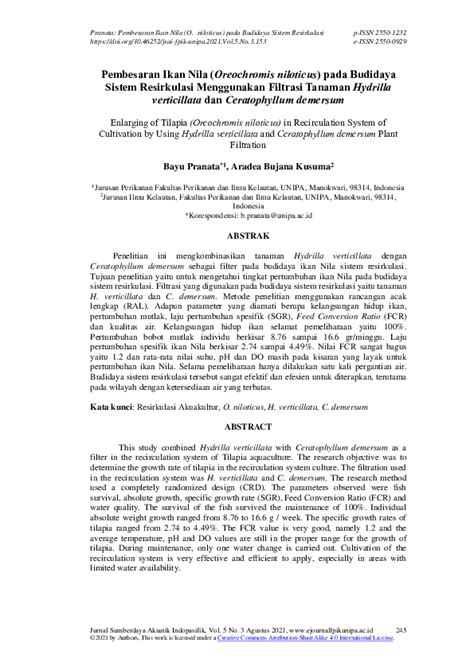 Pdf Pembesaran Ikan Nila Oreochromis Niloticus Pada Budidaya Sistem