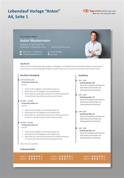 Profi Lebenslauf Vorlage Anton Mit Foto Header Inkl Anschreiben