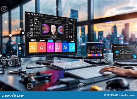 High Tech Ai Workstation With Multiple Monitors Futuristic Office