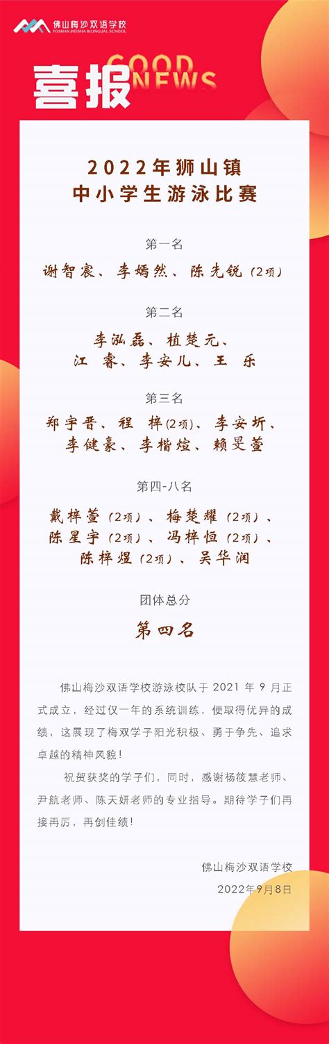 2022年狮山镇中小学生游泳比赛 喜报 校园动态 佛山梅沙双语学校