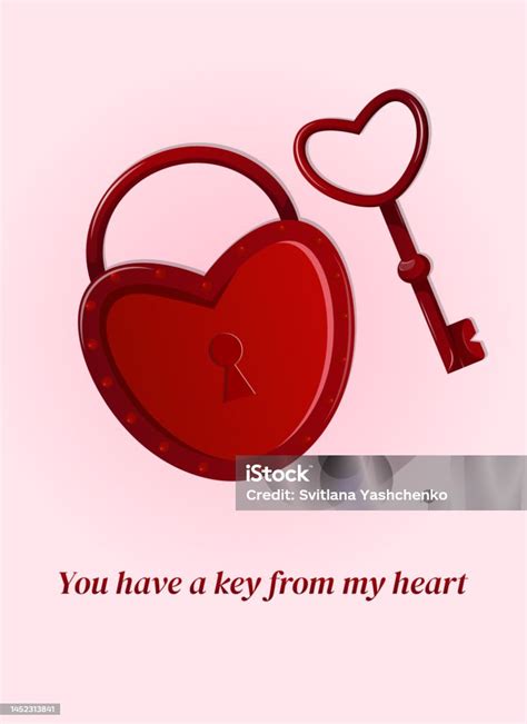 열쇠 구멍과 하트 모양의 열쇠가 있는 만화 빨간 하트 모양의 자물쇠가 있는 발렌타인 데이 인사말 카드 선물 카드 포스터에 대한 사랑의 상징 벡터 그림입니다 2명에 대한 스톡
